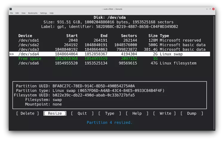 Cum să creați, să redimensionați și să ștergeți partițiile Linux cu Cfdisk 13634_10