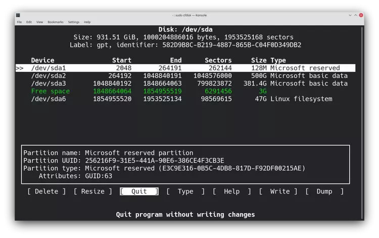 Cfdisk bilen Linux bölümlerini nädip döretmeli, ölçegini üýtgetmeli we pozmaly 13634_3