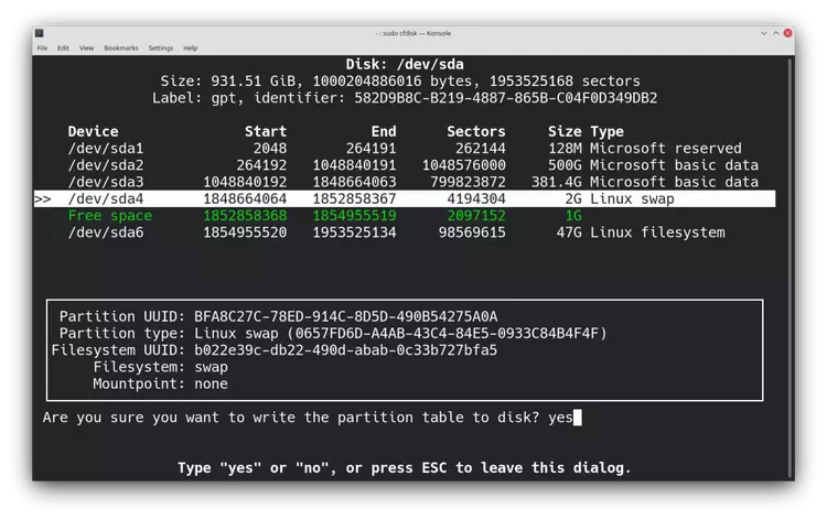 Cum să creați, să redimensionați și să ștergeți partițiile Linux cu Cfdisk 13634_7