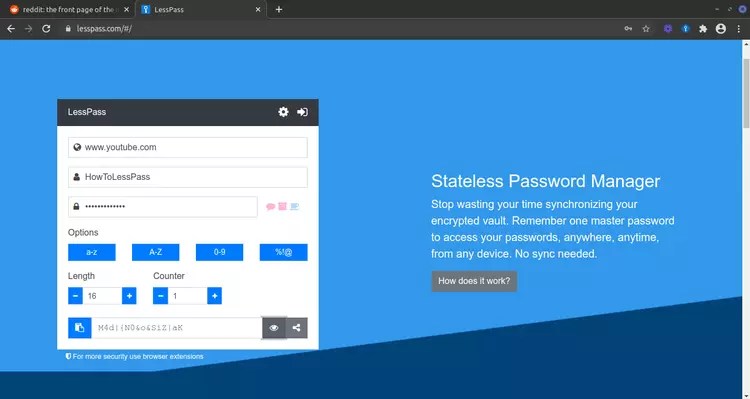 உங்கள் கடவுச்சொற்களை நிர்வகிக்க LessPass ஐ எவ்வாறு பயன்படுத்துவது 14570_2