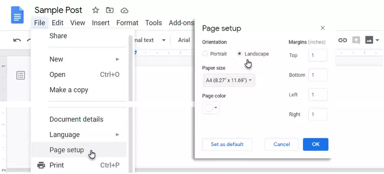 Google Docs дээрх хуудасны чиг баримжааг хэрхэн ландшафт болгон өөрчлөх вэ 21294_2