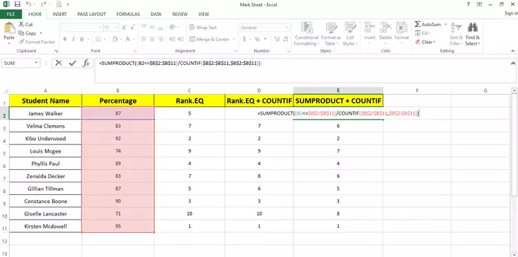 Cómo usar la función Rank y SUMPRODUCT en Excel con COUNTIF 21851_7