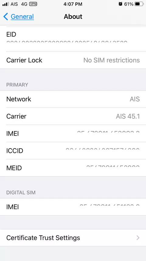 IMEI ნომრის პოვნის 8 გზა თქვენს iPhone-ზე ან iPad-ზე 35215_6