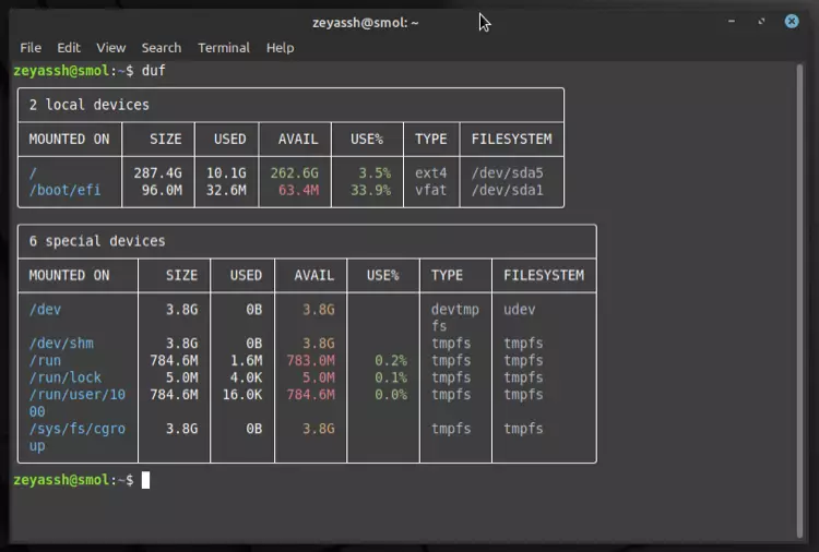 Como comprobar o uso do disco en Linux con duf